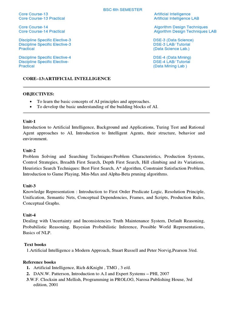 BSC C.S (H) 6th Semester Syllabus | PDF | Data Warehouse | Artificial Intelligence