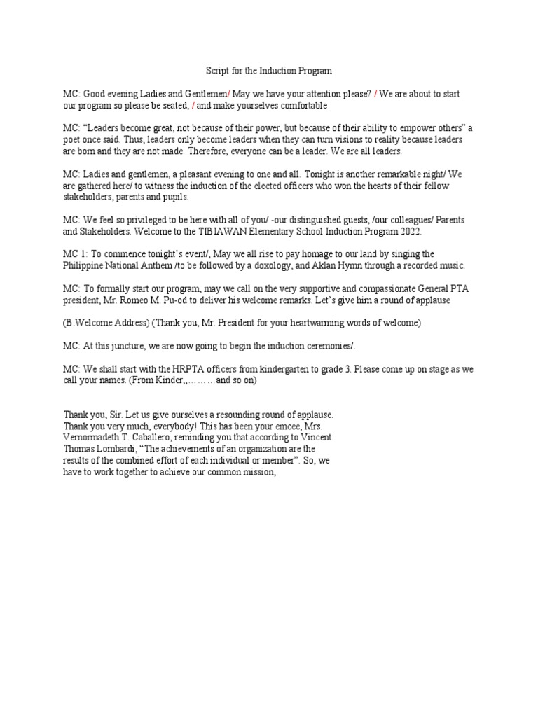 Script For The Induction Program | PDF