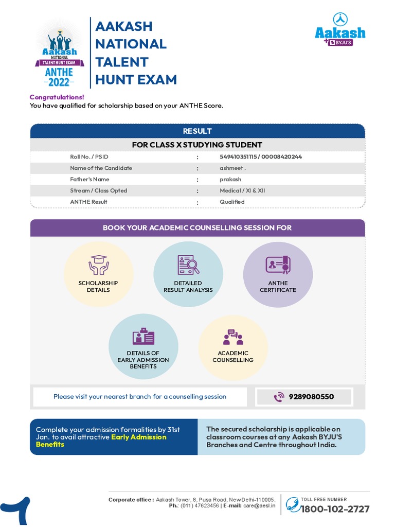 Aakash National Talent Hunt Exam: For Class X Studying Student | PDF