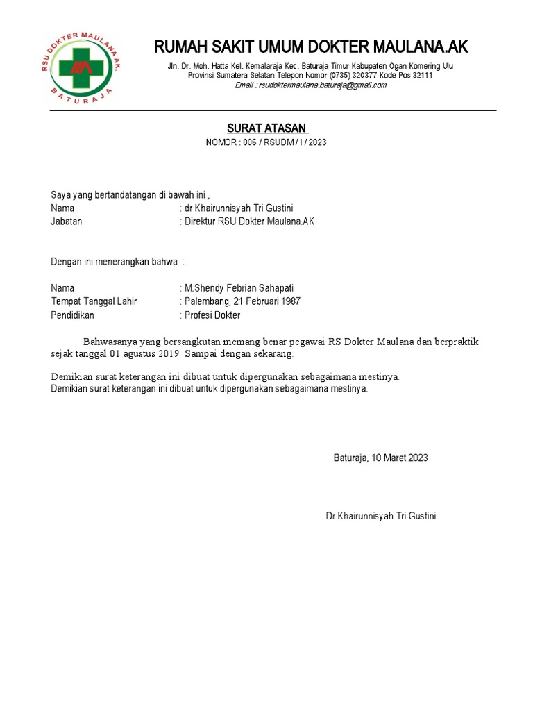SURAT ATASAN Untuk DR Shendy | PDF