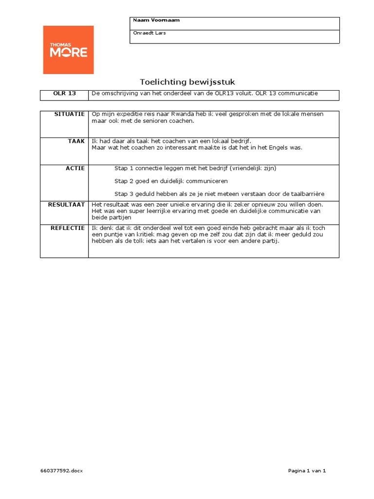 Lars Onraedt Toelichting Bewijsstuk Olr 13 Communicatie 2 | PDF