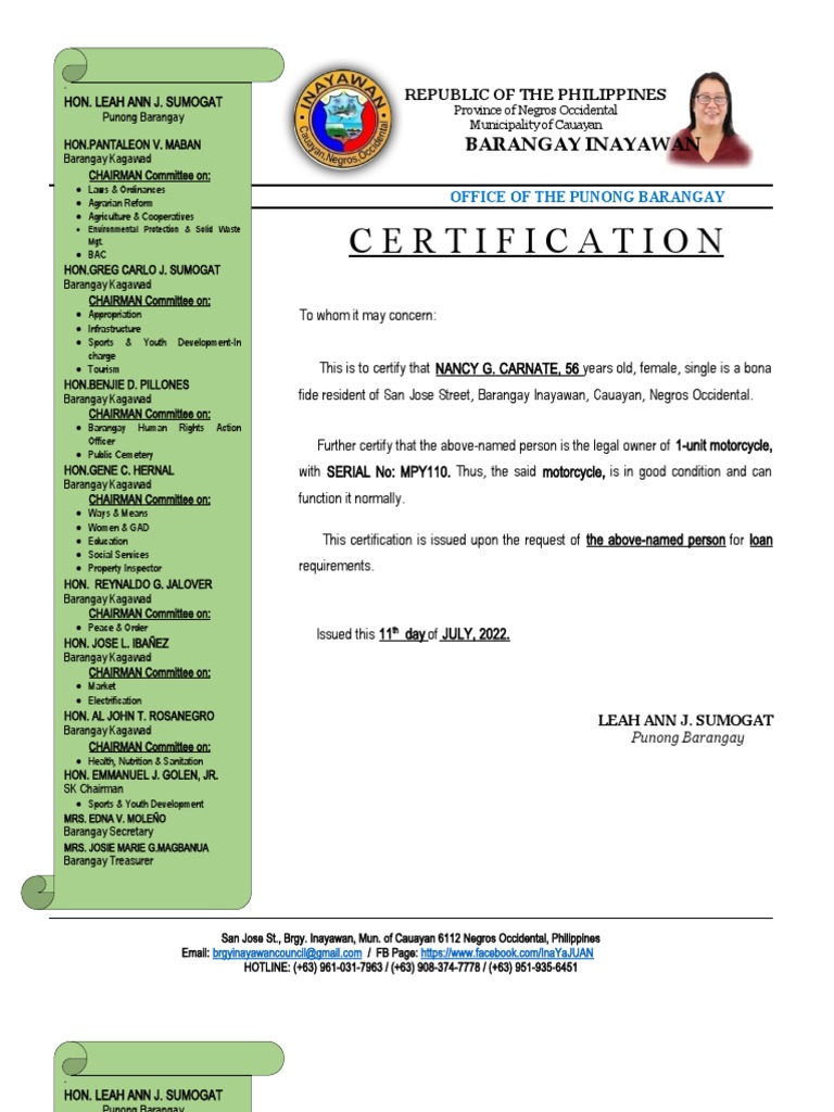 Certification: Barangay Inayawan | PDF