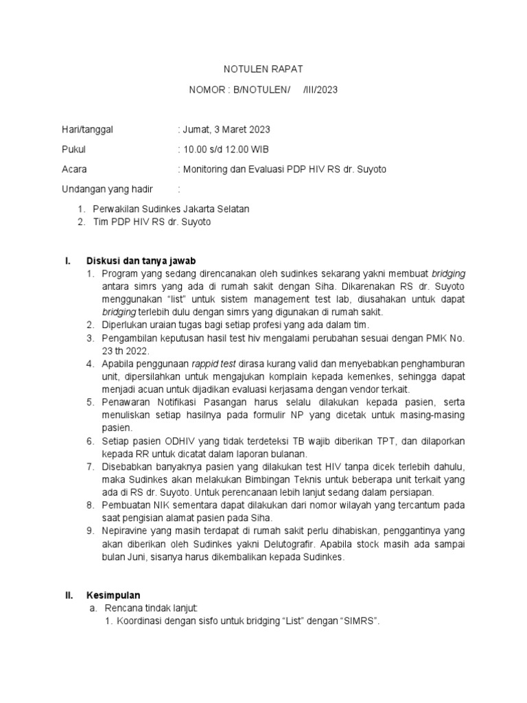 Notulen Rapat Monev Hiv | PDF