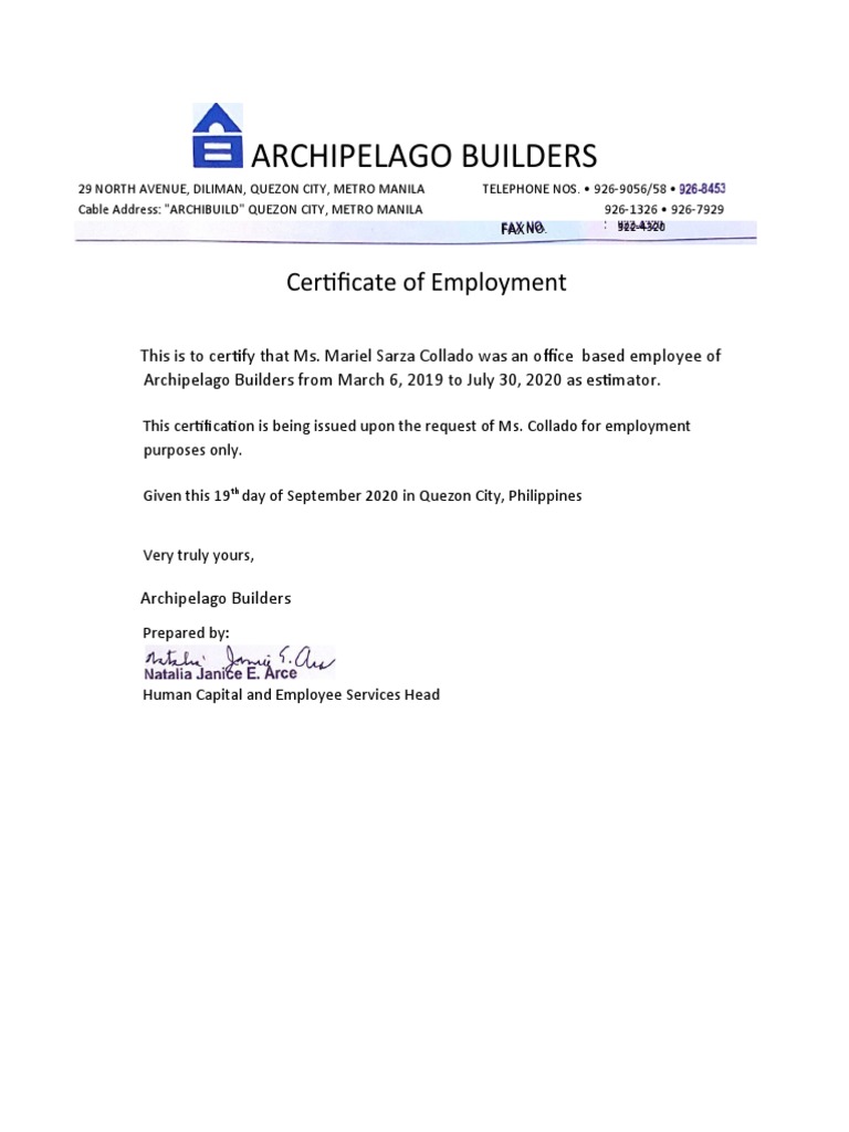 Archipelago Builders: Certificate of Employment | PDF | Art