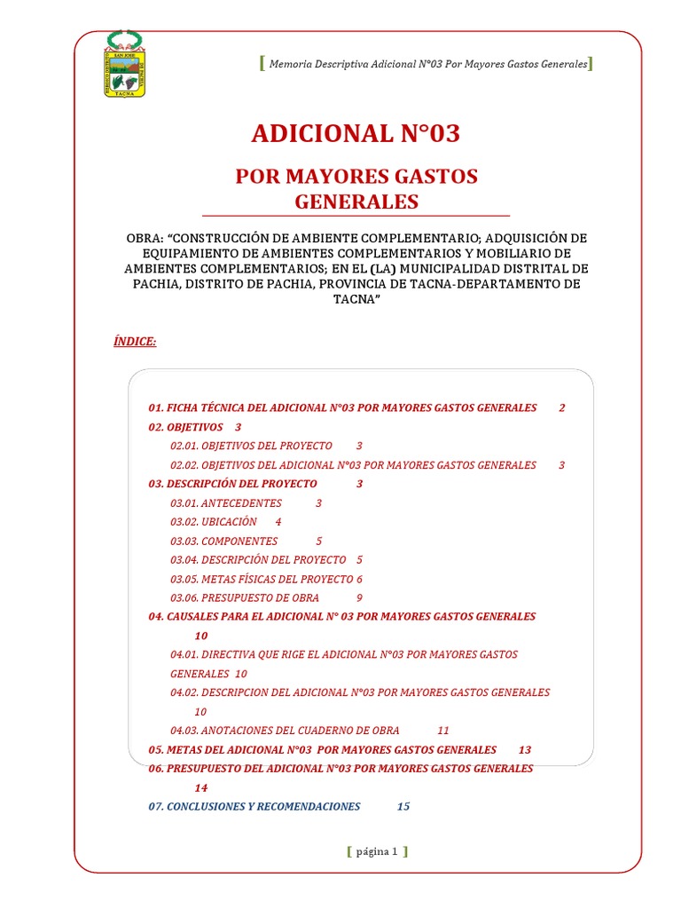 Adicional N°03: Por Mayores Gastos Generales | PDF | Presupuesto | Hormigón