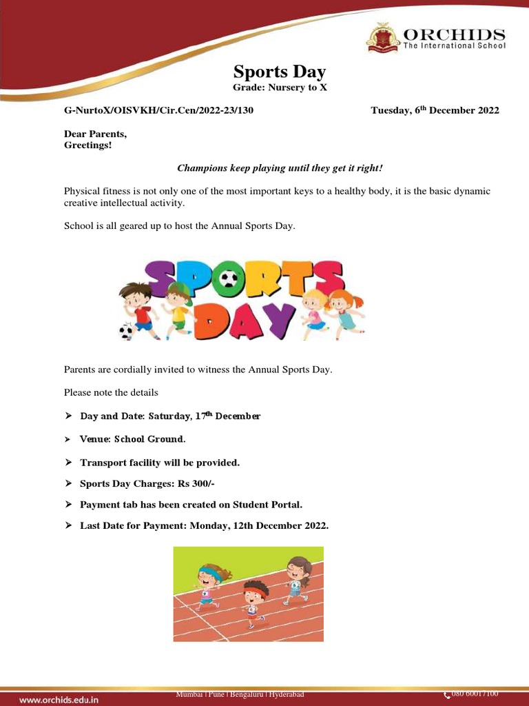 Sports Day Circular For Grade Nur To X | PDF