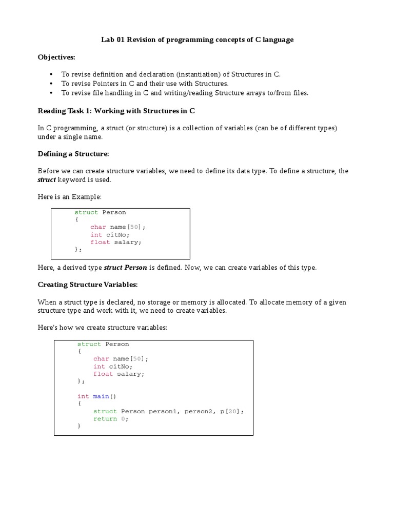 Lab 01 Revision Of C Concepts Pdf Pointer Computer Programming Computer Programming 1377
