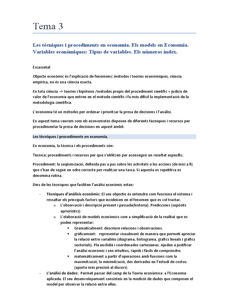 Tema 3. Les Tècniques I Procediments en Economia. Els Models en ...