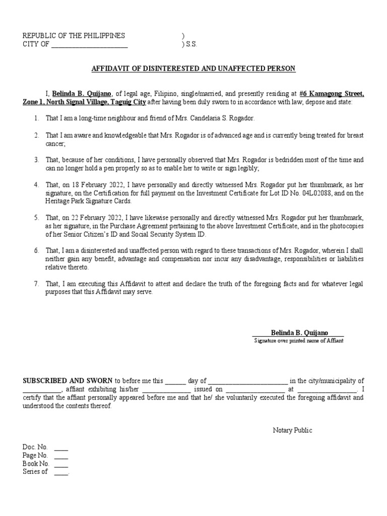 Affidavit of Disinterested and Unaffected Person | PDF | Affidavit ...