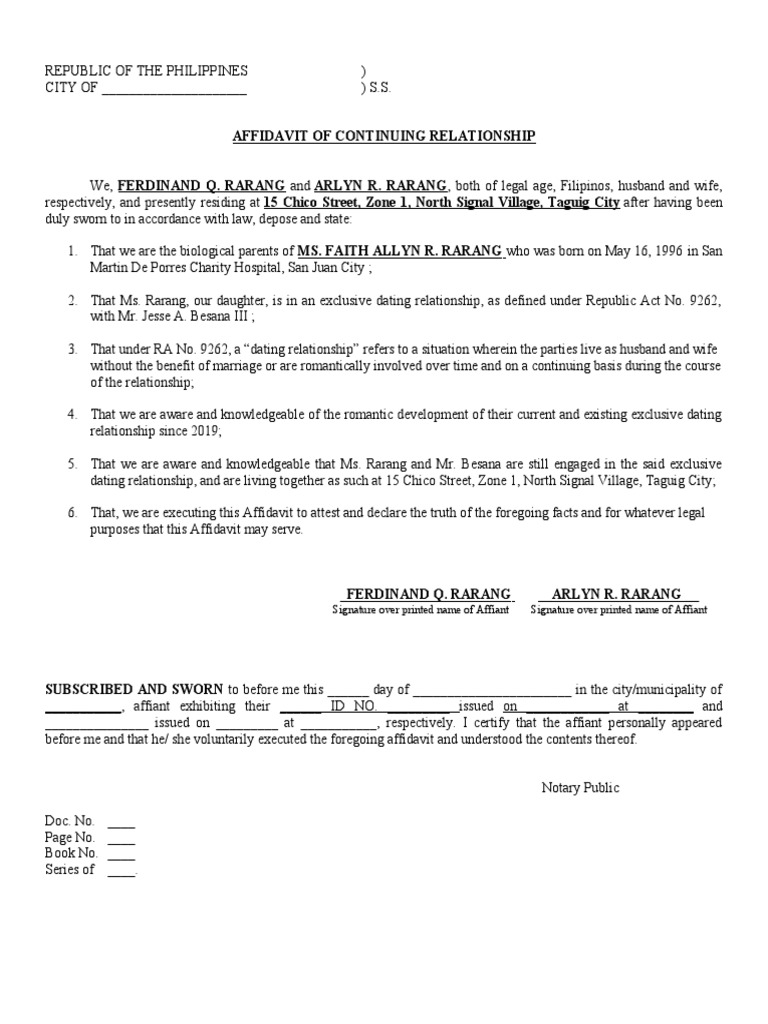 Affidavit of Continuing Relationship | PDF | Affidavit | Judiciaries