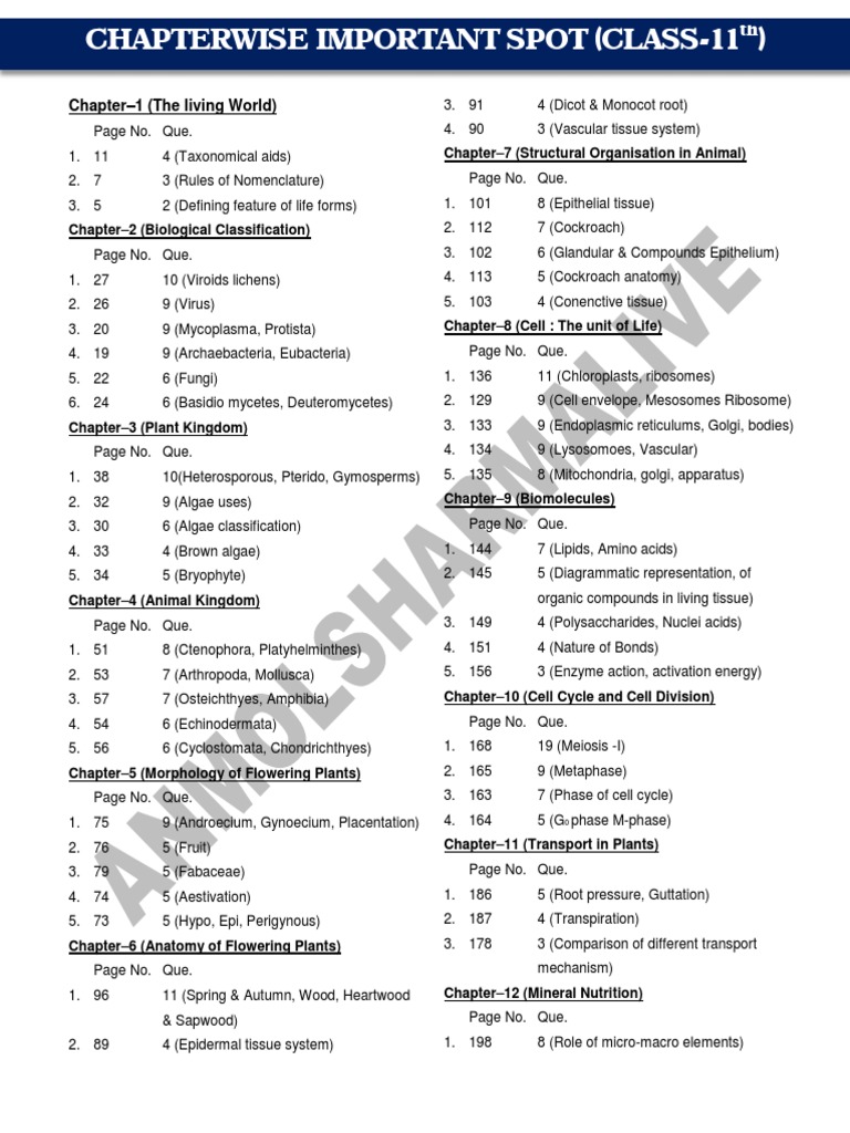 CLASS-11th BIOLOGY IMPORTANT QUESTIONS BY CHAPTER | PDF | Organisms ...