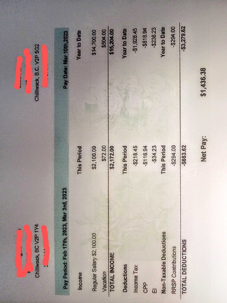 Canadian Deductions Paystub Example | PDF