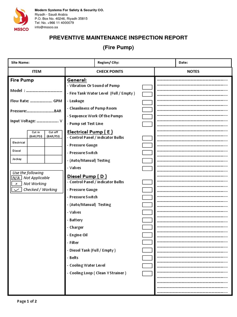 Inspection Form - Fire Pump | PDF | Pump | Manufactured Goods Inspection Form - Fire Pump | PDF | Pump | Manufactured Goods