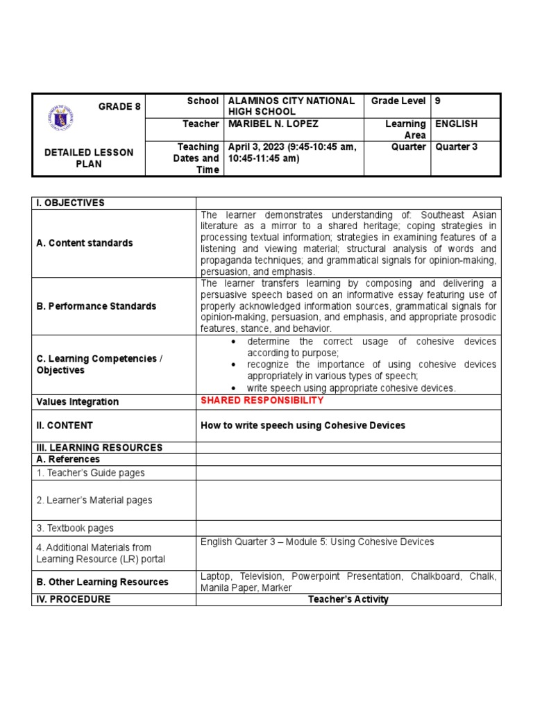 Grade 9 English Lesson Plan: Cohesive Devices | PDF | Educational ...