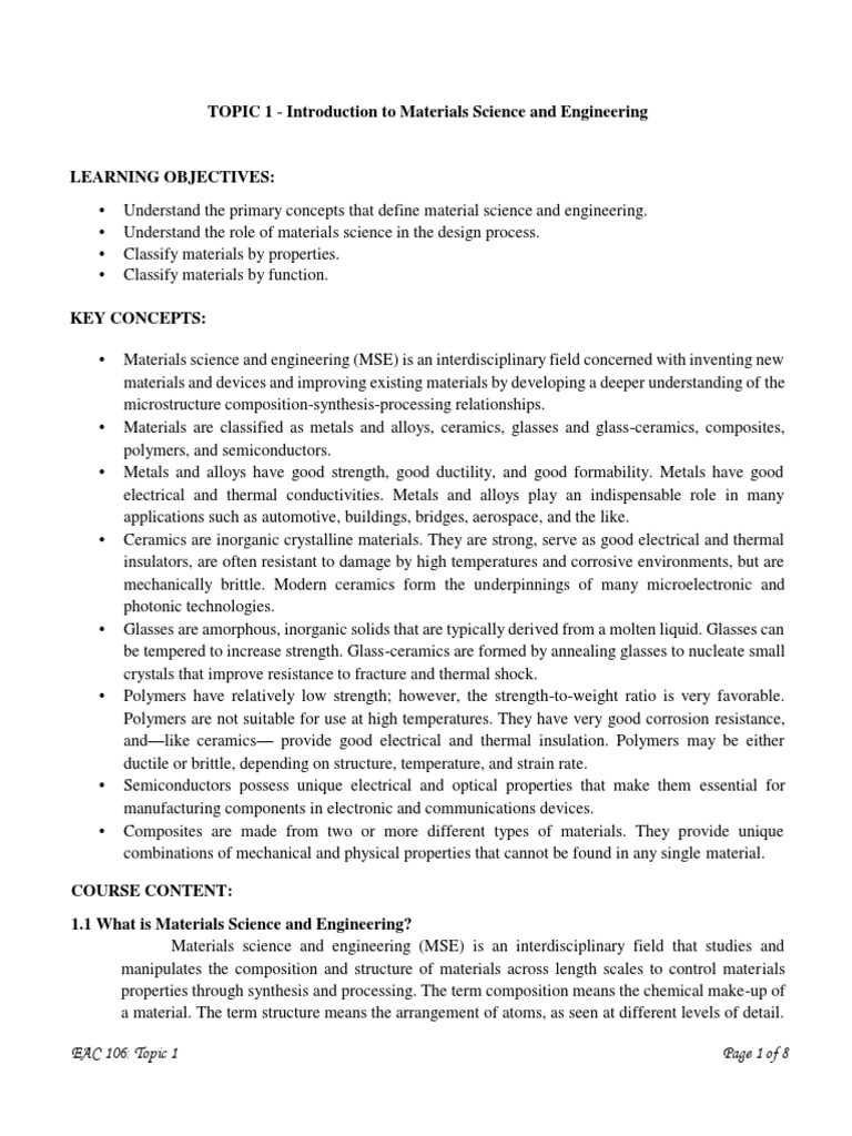 Topic 1 Introduction To Material Science And Engineeering Pdf Materials Science Ceramics