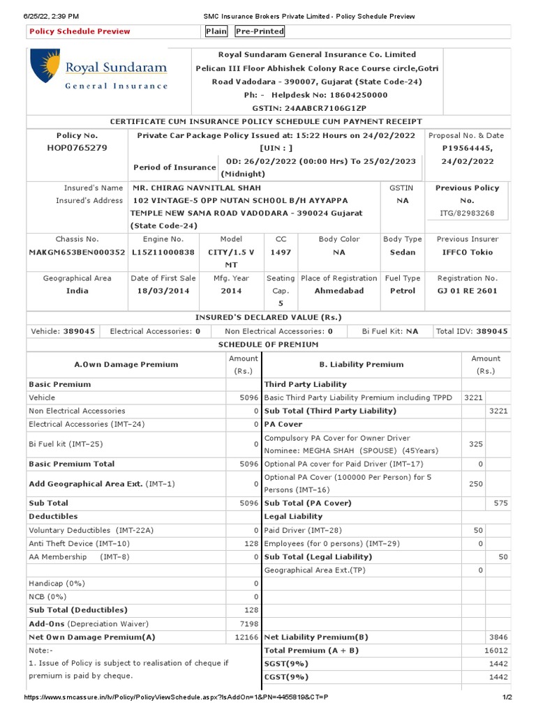 SMC Insurance Brokers Private Limited - Policy Schedule Preview | PDF ...