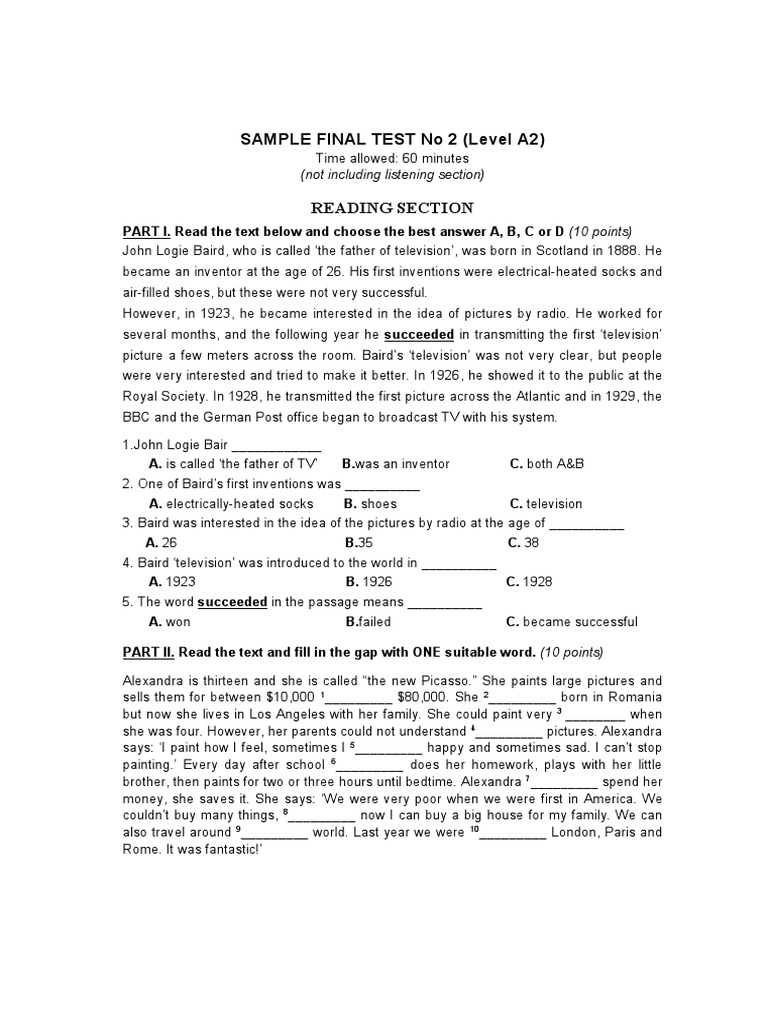 Final Sample Test English 2 | PDF | Zoo
