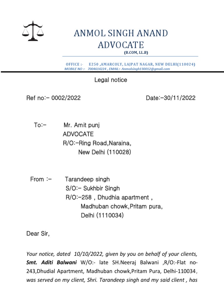 Anmol Singh Anand Advocate: Your Notice, Dated 10/10/2022, Given by You ...