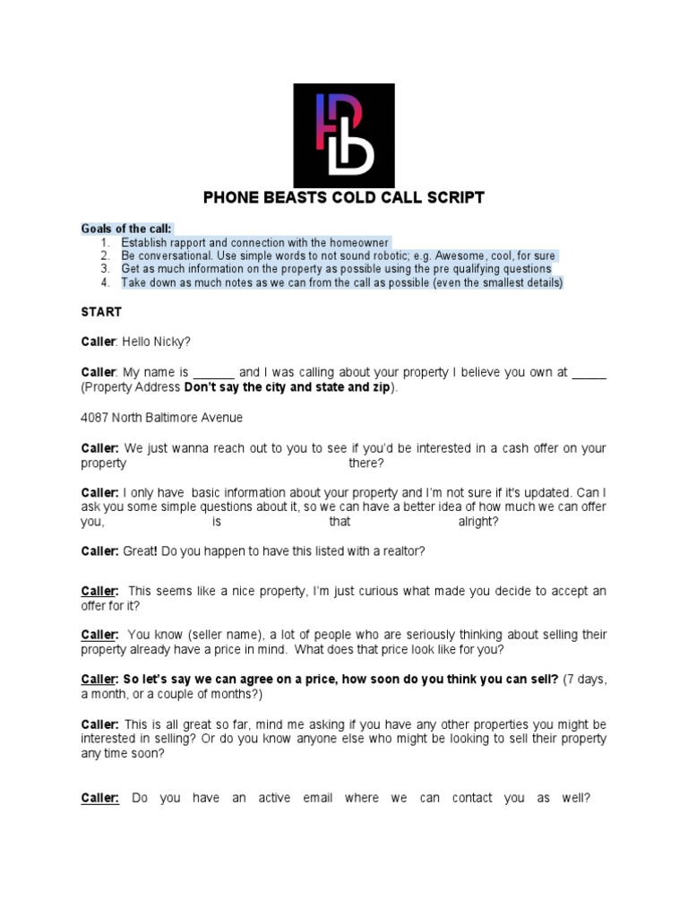 Phone Beasts Cold Call Script: Establishing Rapport and Gathering ...