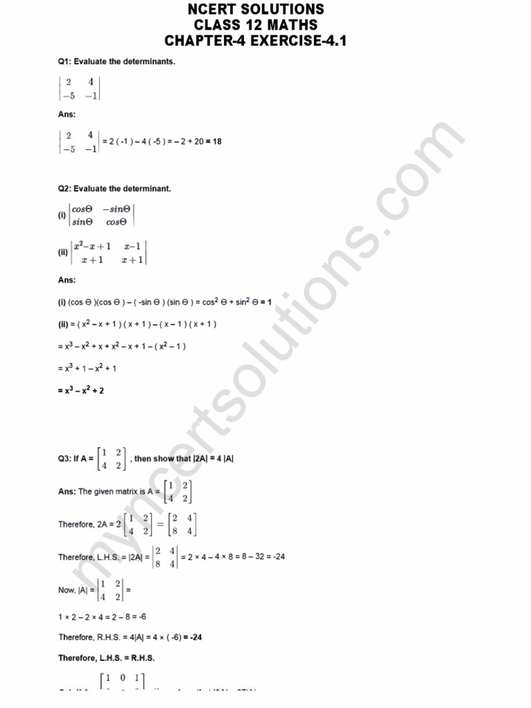 Ncert Solutions For Class 12 Maths Chapter 4 Determinants Ex 4 1 | PDF | Matrix Theory | Algebra