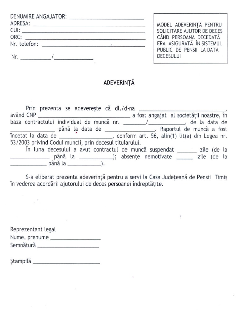 Model Adeverinta in Cazul Decesului Asiguratului | PDF