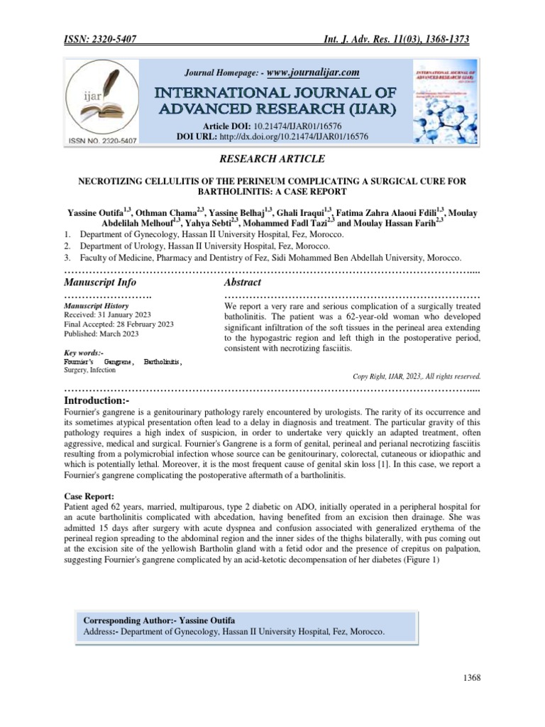 Necrotizing Cellulitis of The Perineum Complicating A Surgical Cure For ...