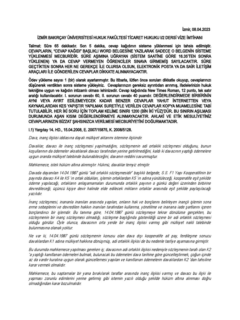 Ticaret Hukuku I 2 Vize Soru Kagidi | PDF