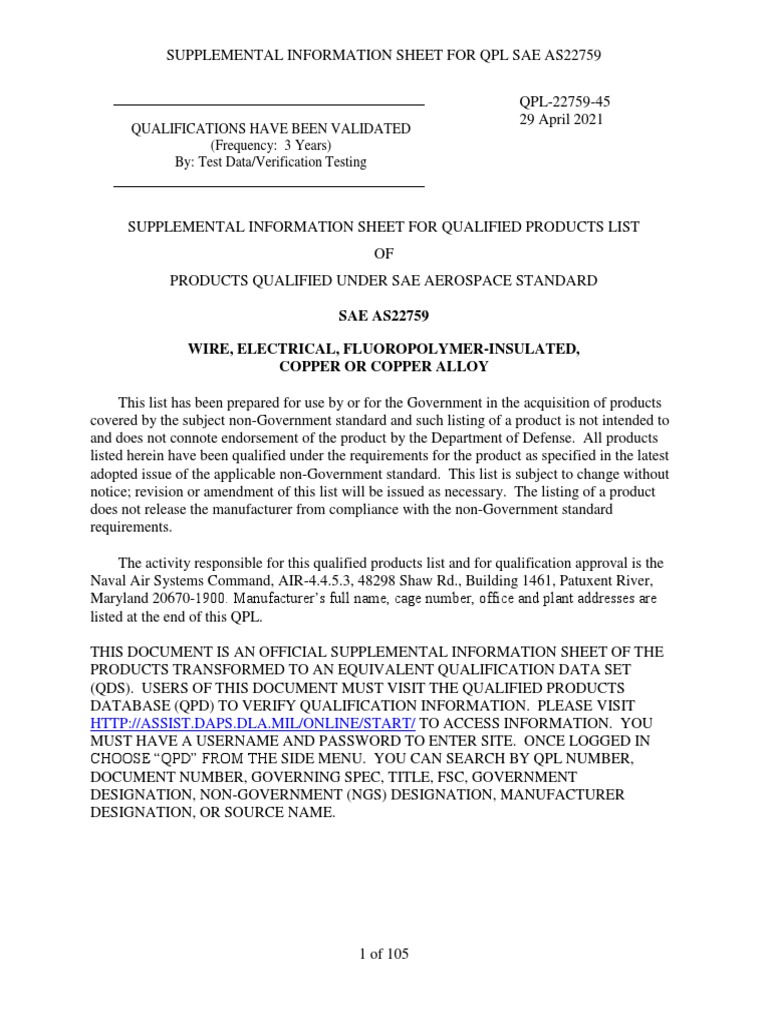 QPL 22759 45 Sis | PDF | Electrical Conductor | Wire