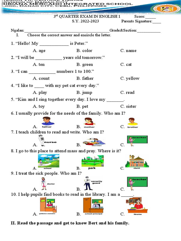 Grade 1 English 3rd Quarter Exam | PDF