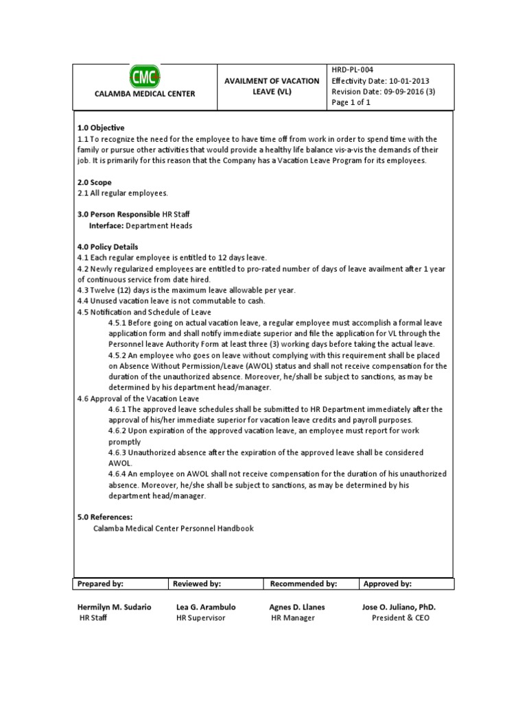 HRD-PL-004 Availment of Vacation Leave | PDF | Labor | Business