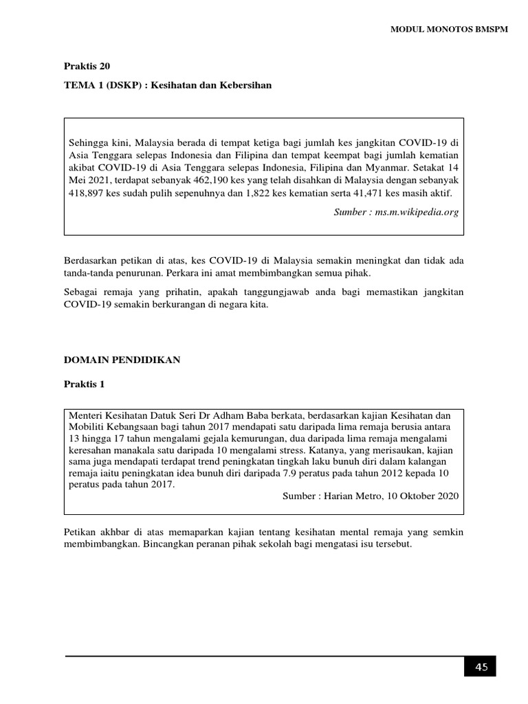 Praktis 20 TEMA 1 (DSKP) : Kesihatan Dan Kebersihan: Modul Monotos BMSPM | PDF