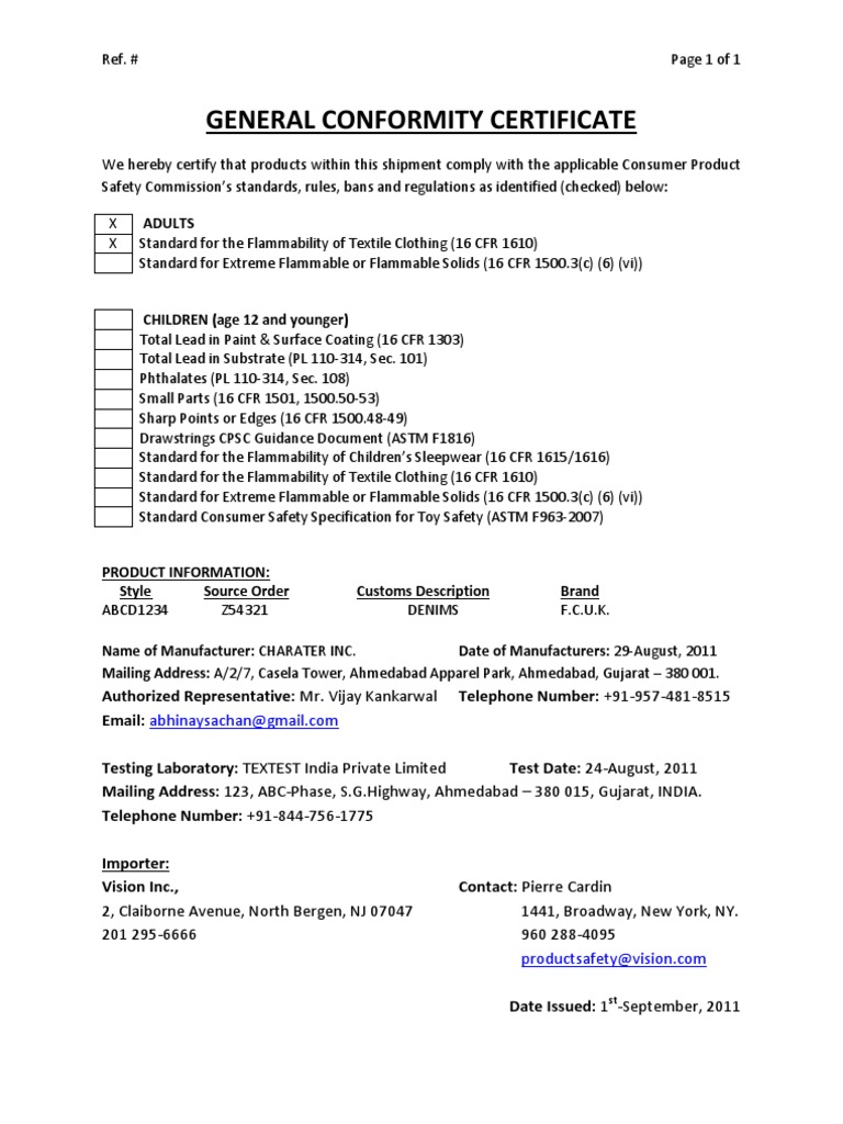 General Conformity Certificate | PDF