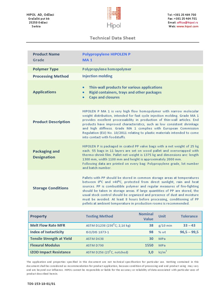 HIPOLEN TDS MA 1 - 01 - Eng | PDF | Polymers | Pallet