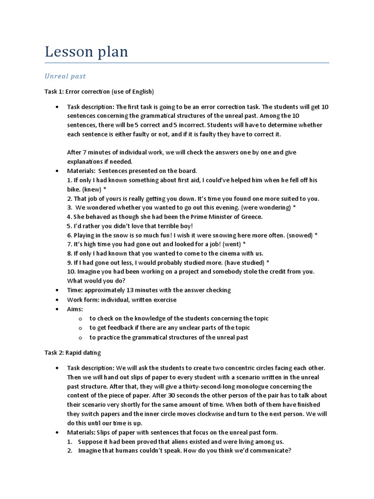 Lesson Plan Unreal Past | PDF | Cognitive Science | Cognition