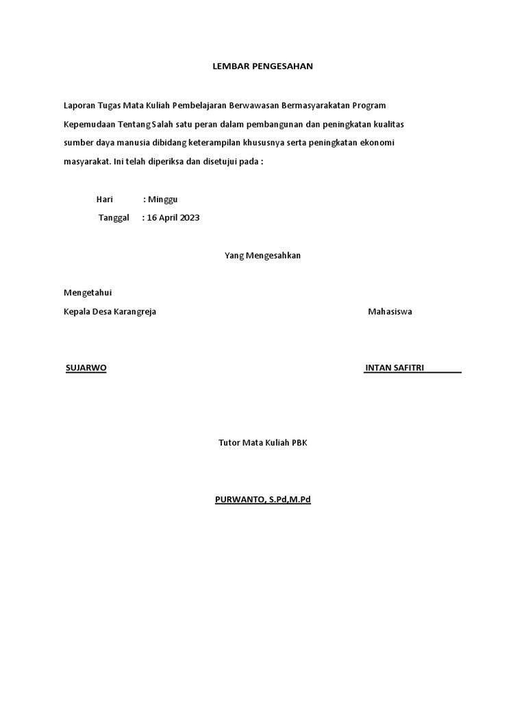 Contoh LEMBAR PENGESAHAN | PDF