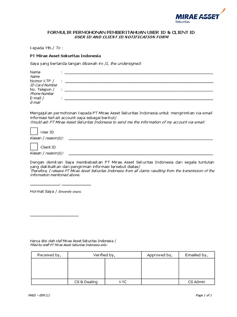 (MASI-059) (1) ) Formulir Permohonan Pemberitahuan User ID & Client ID ... (MASI-059) (1) ) Formulir Permohonan Pemberitahuan User ID & Client ID ...