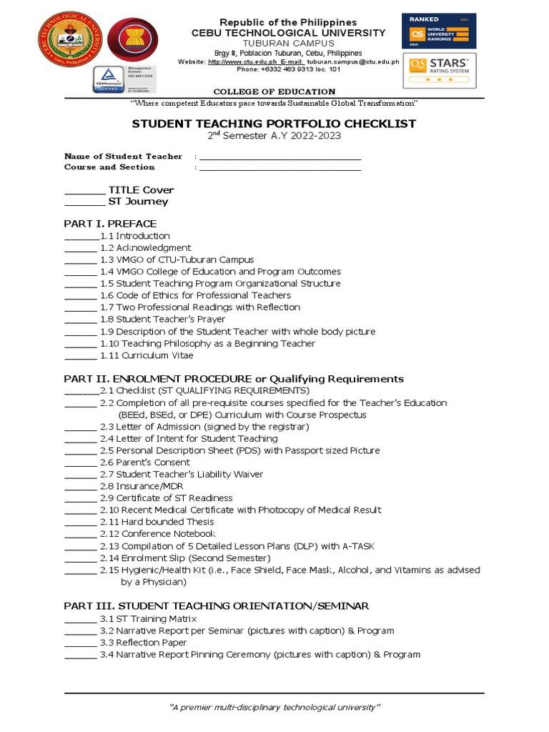 Student Teaching Portfolio Checklist | PDF | Teachers | Lesson Plan