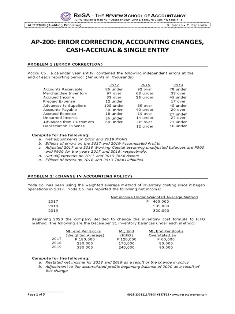 AP-200 (Error Correction, Accounting Changes, Cash-Accrual & Single ...