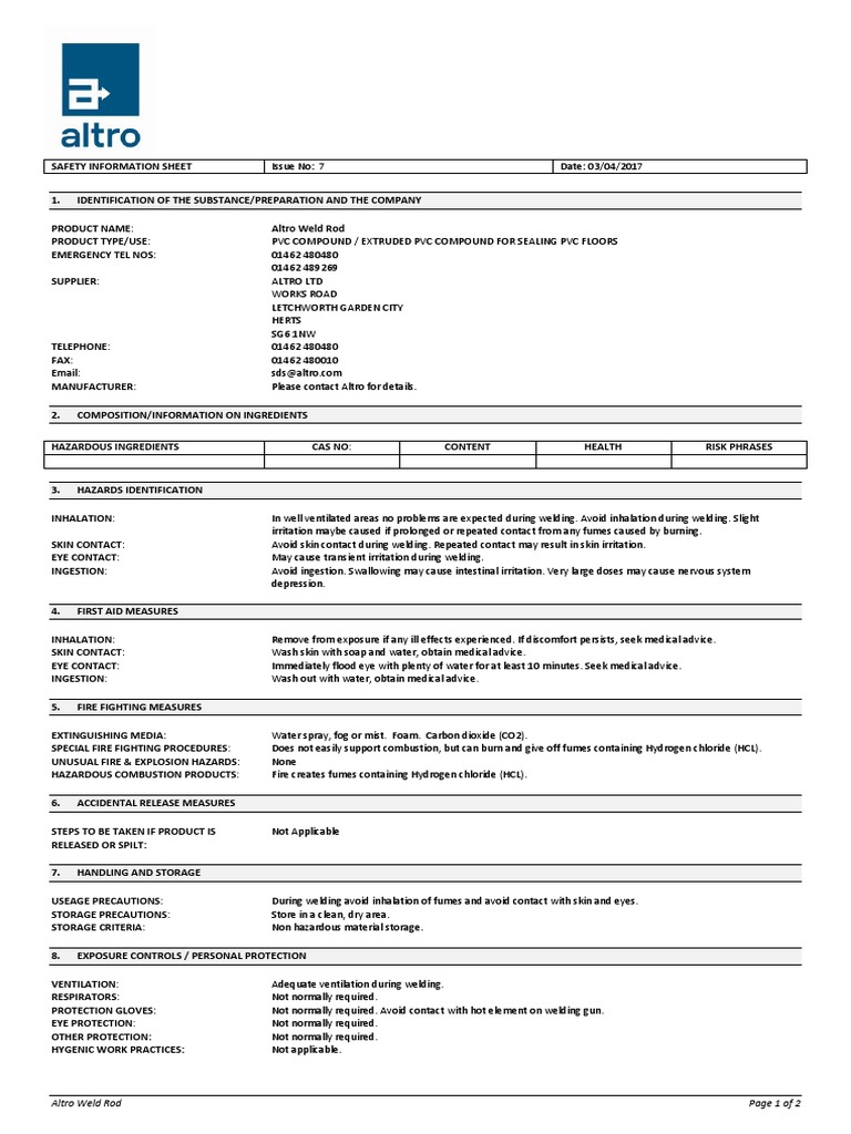 Altro Technical MSDS Altro Weld Rod | PDF