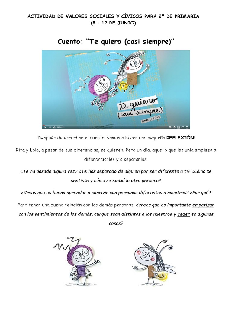 Cuento: "Te Quiero (Casi Siempre) ": Actividad de Valores Sociales Y Cívicos para 2º de Primaria ...