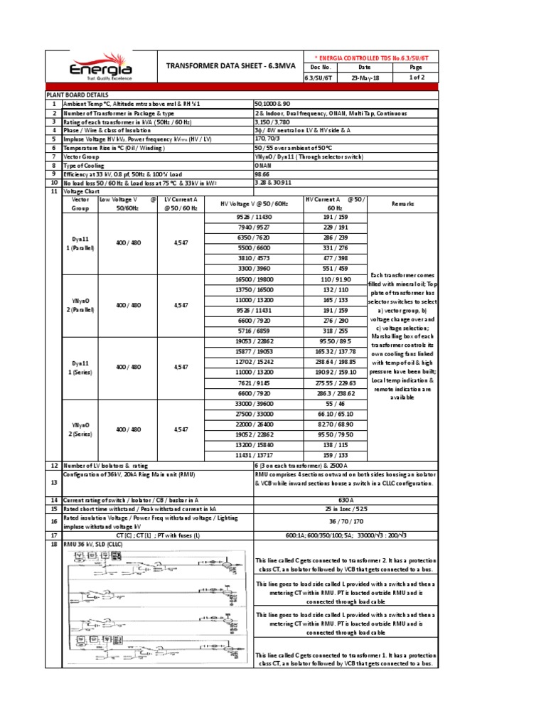 6.3MVA Transformer Data Sheet SU 6tap | PDF | Transformer ...