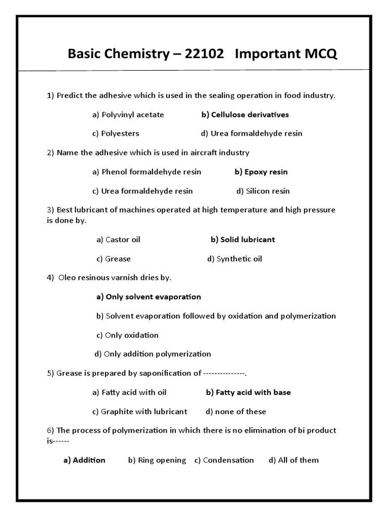 Important MCQs in Basic Chemistry | PDF | Chemical Bond | Corrosion