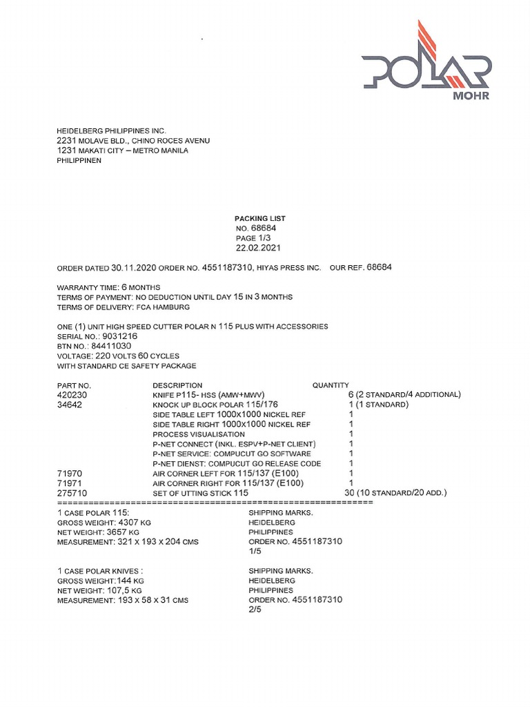 Packing list_PO 4551187310_HS Polar cutter N115_Hiyas | PDF