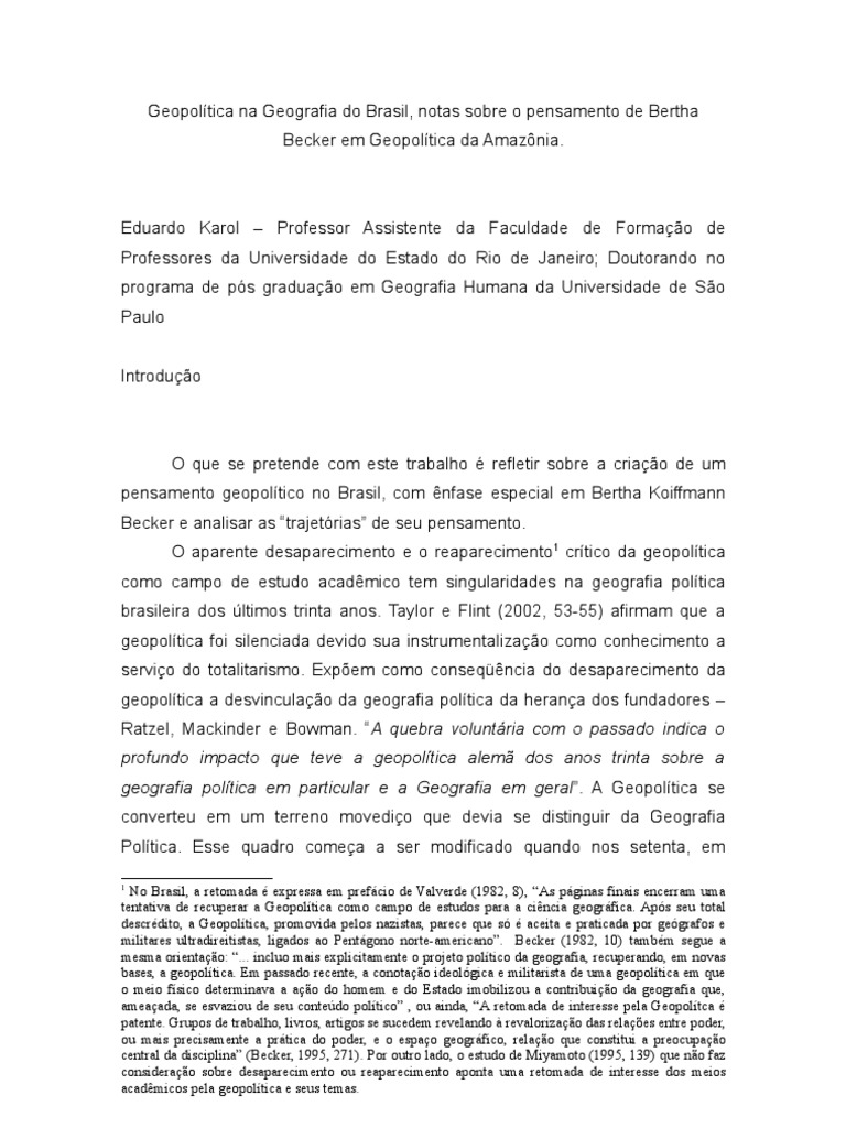 Bertha Becker e A Geopolitca No Brasil | PDF | Geopolítica | Geografia