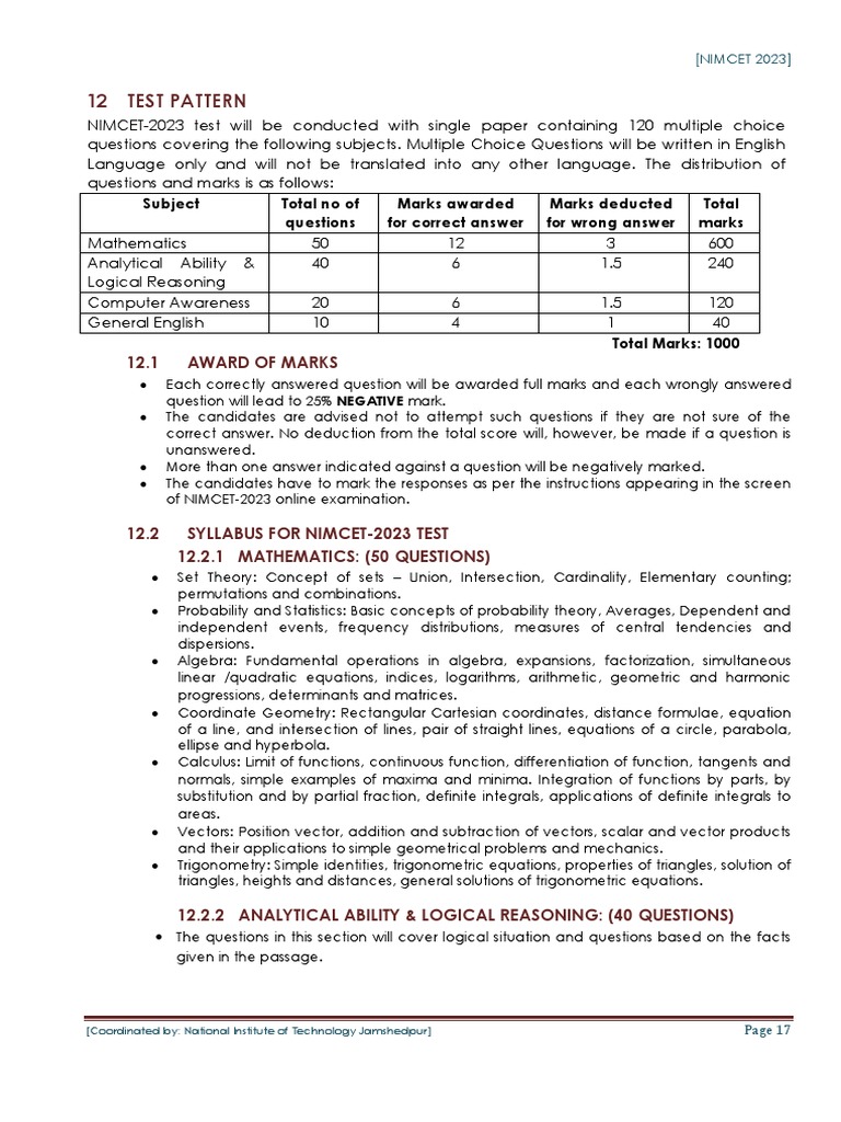 IB NIMCET-2023 28feb | PDF | Equations | Algebra