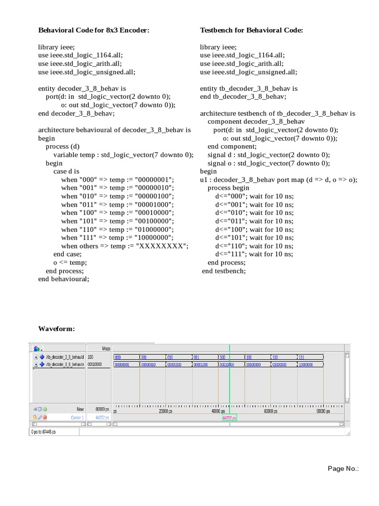 Behavioral Code For 8x3 Encoder: Testbench For Behavioral Code | PDF