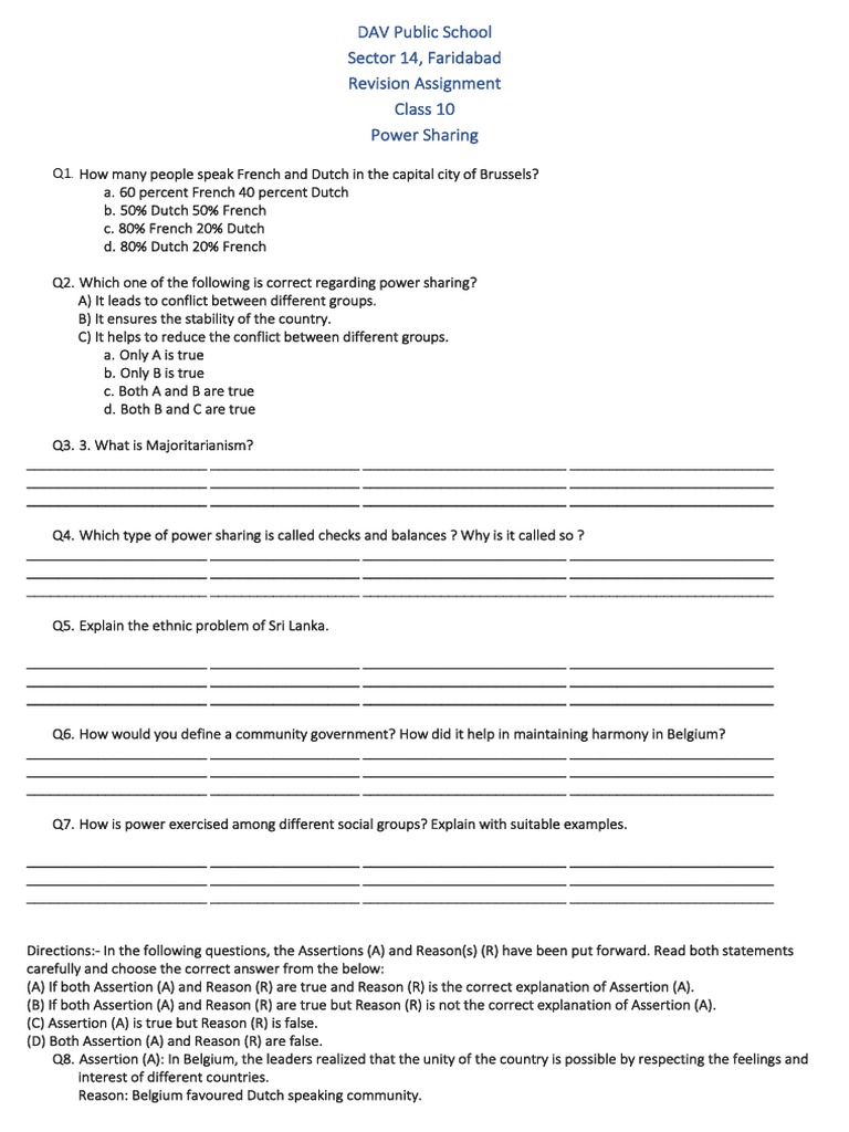 DAV Public School Sector 14, Faridabad Revision Assignment Class 10 ...