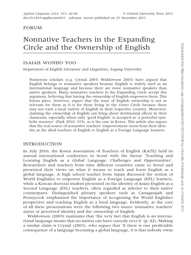 Yoo - 2014 - Nonnative Teachers in The Expanding Circle and The Ownership of English - Applied ...