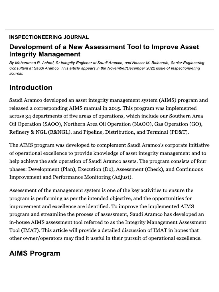 New Assessment Tool Developed To Improve Asset Integrity Management | PDF