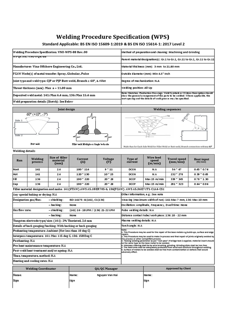 Welding Procedure Specification (WPS) : Standard Applicable: BS EN ISO 15609 1:2019 & BS EN ISO ...